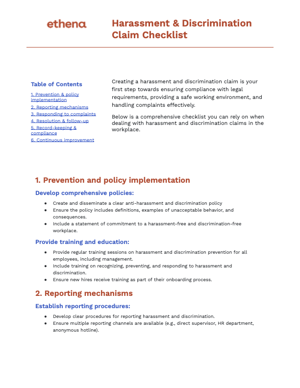 Harassment Claim Checklist | Ethena