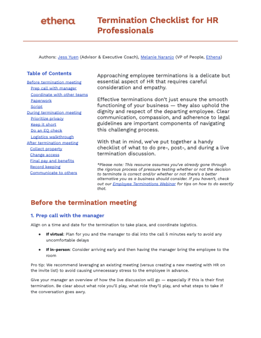 Employee Termination Checklist | Ethena